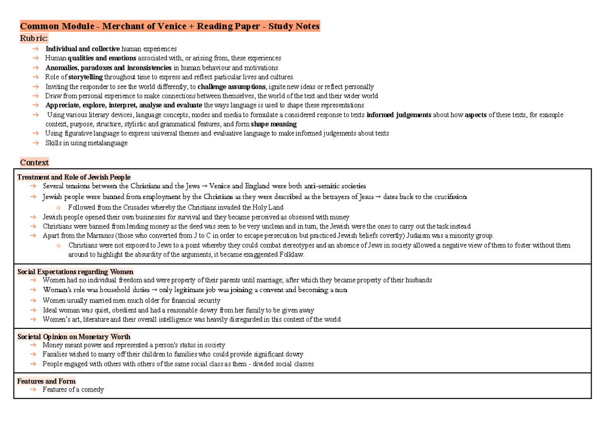 Common Module Notes - Merchant of Venice - Common Module - Merchant of ...