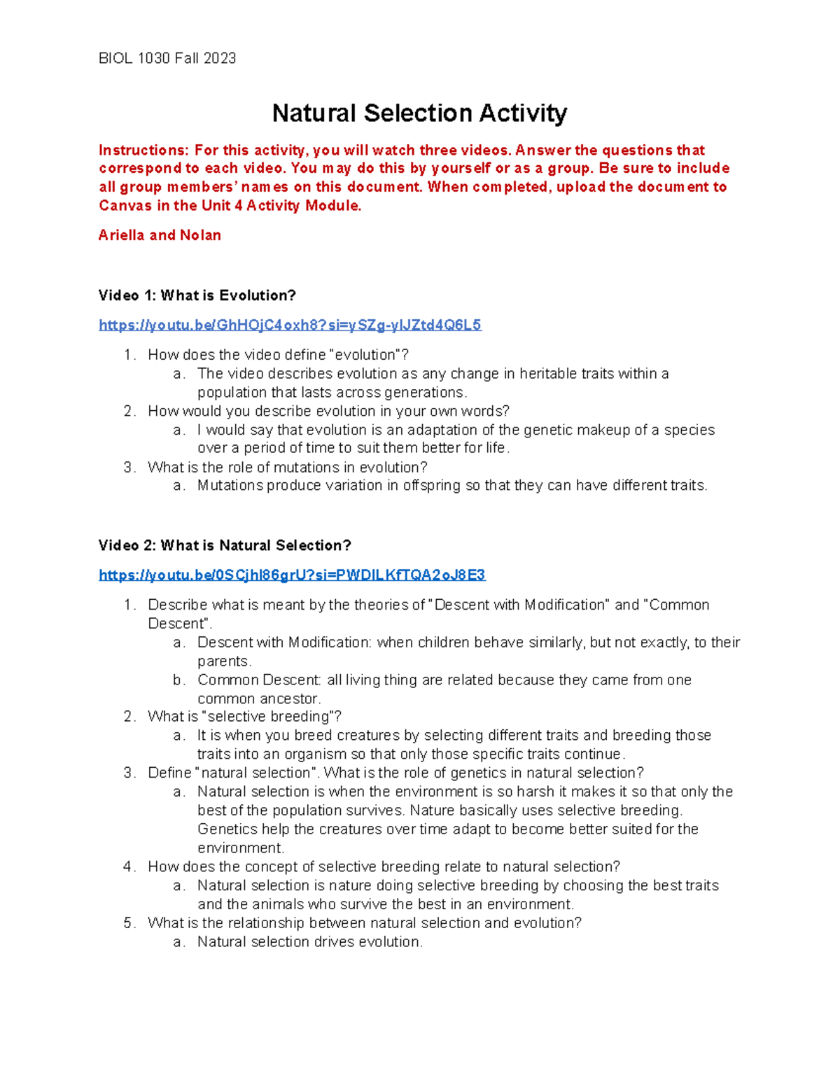 BIOL 103 0 Fall 2023 Unit 4 Activity - BIOL 1030 Fall 2023 Natural ...