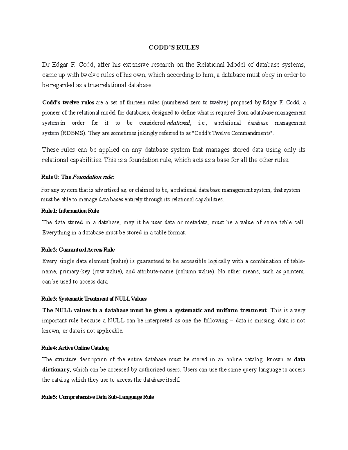 8b Codds Rules - Yes - CODD’S RULES Dr Edgar F. Codd, after his ...