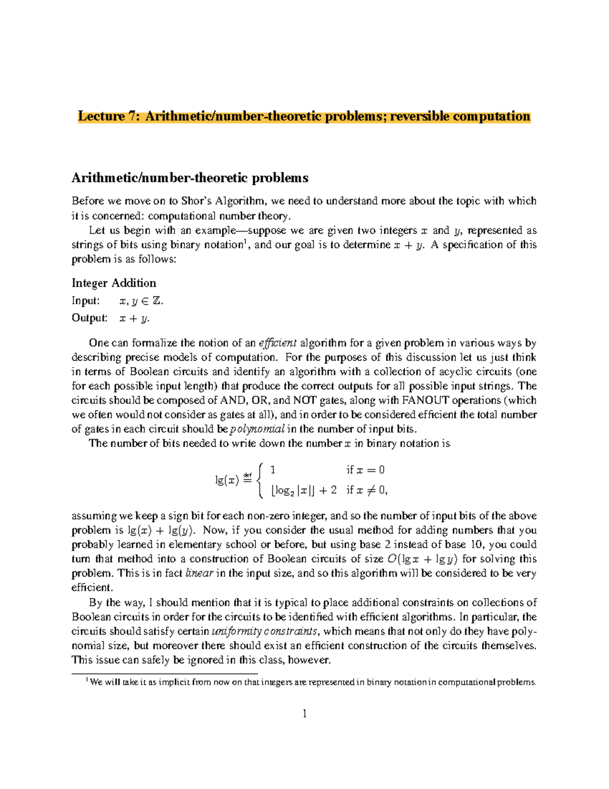 Lecture 7 Arithmetic Number Theoretic Problems Reversible Computation Cpsc Quantum