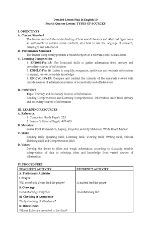 Primary and Secondary Source LP - DETAILED LESSON PLAN IN ENGLISH 10 I ...