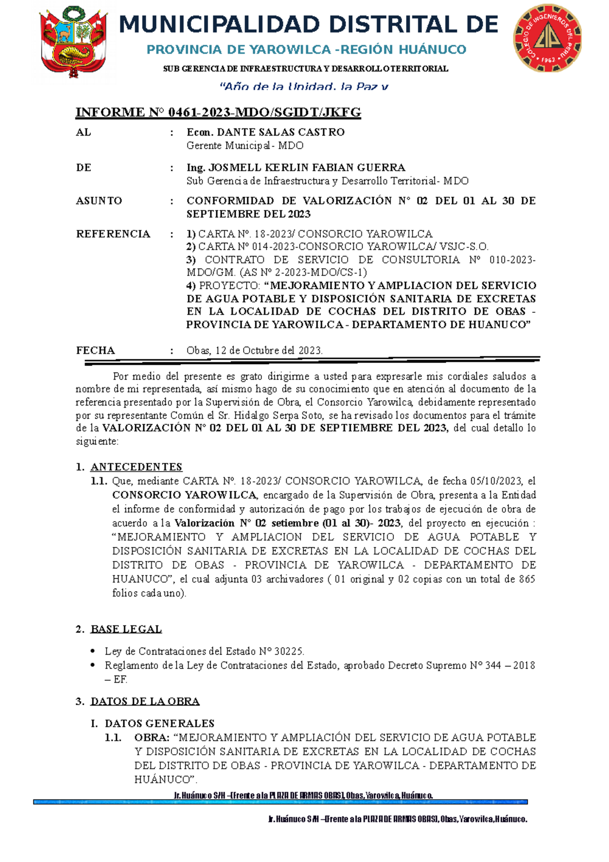 Informe Nº 0461-2023 Conformidad DE Valorizacion Nº 02- Cochas - PROVINCIA DE YAROWILCA -REGIÓN ...