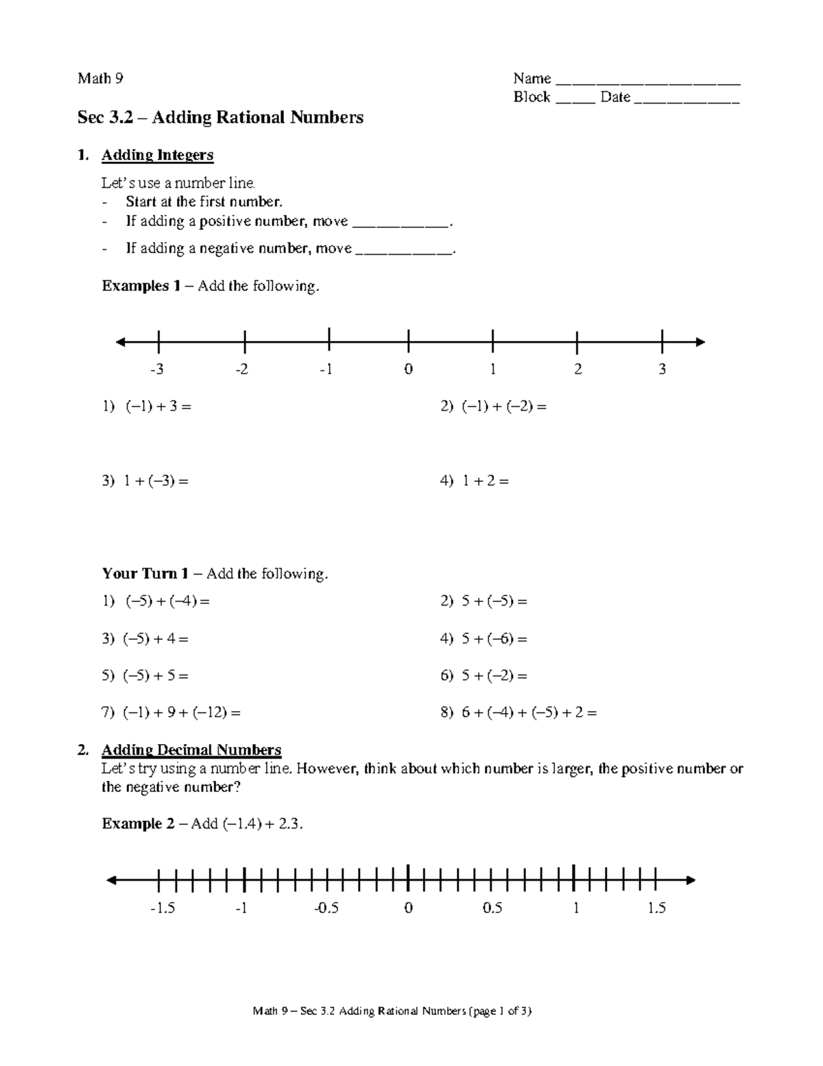 Ma9 3.2 Adding Rationals - Math 9 – Sec 3 Adding Rational Numbers (page ...
