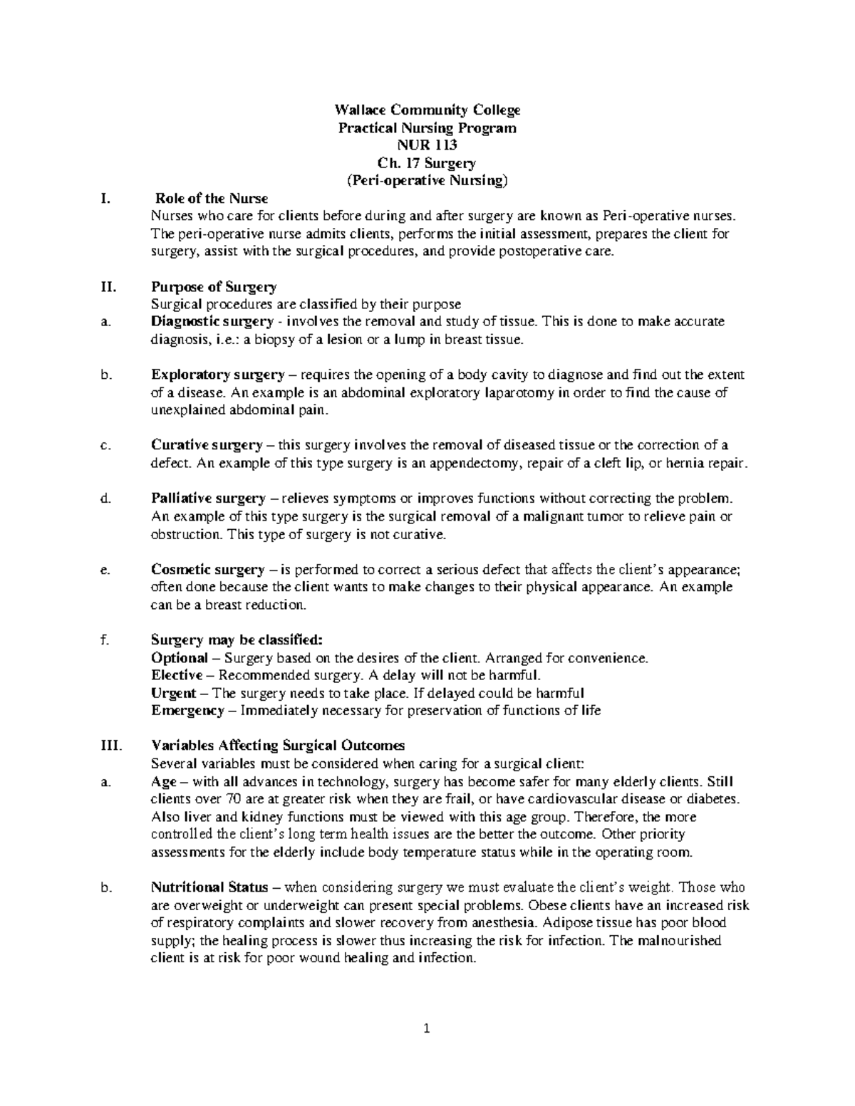 Ch. 17 Surgery - med surge - Wallace Community College Practical ...
