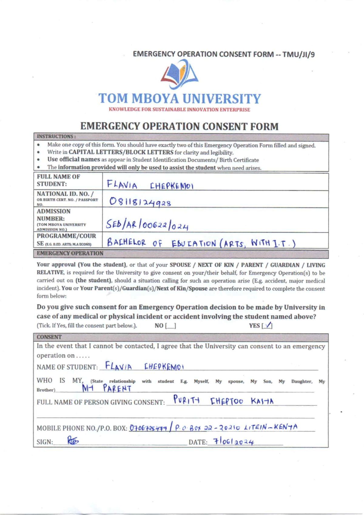 Emergency Operation Consent Form - EMERGENCY OPERATION CONSENT FORM TOM ...