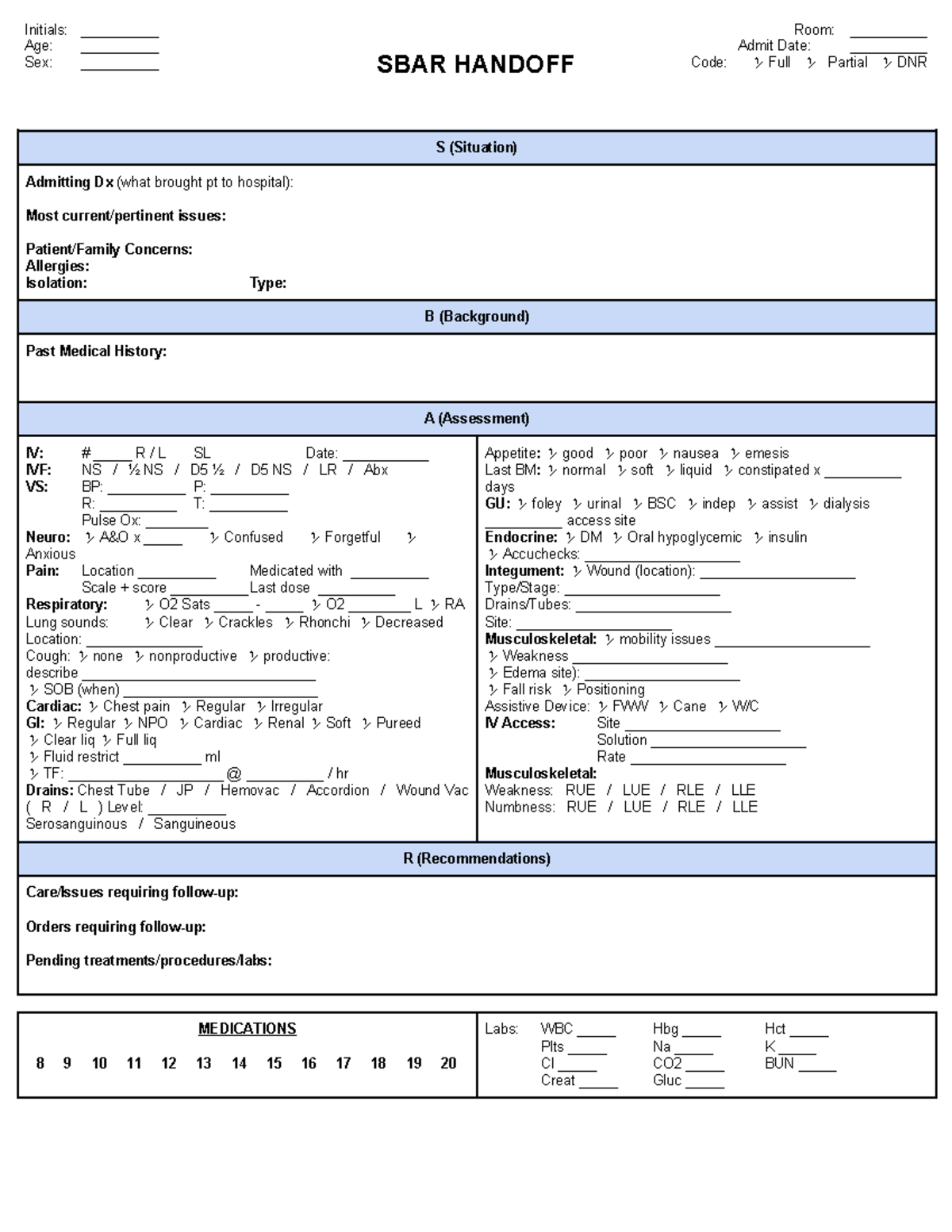 SBAR - SBAR Sheet - Initials: __________ Age: __________ Sex ...