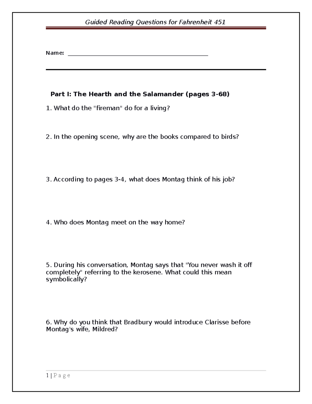 Fahrenheit 451 Guided Reading Questions - Name: - Studocu