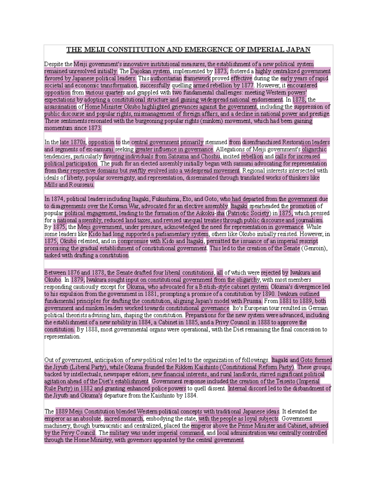 Meiji Constitution (Highlighted) - THE MEIJI CONSTITUTION AND EMERGENCE ...