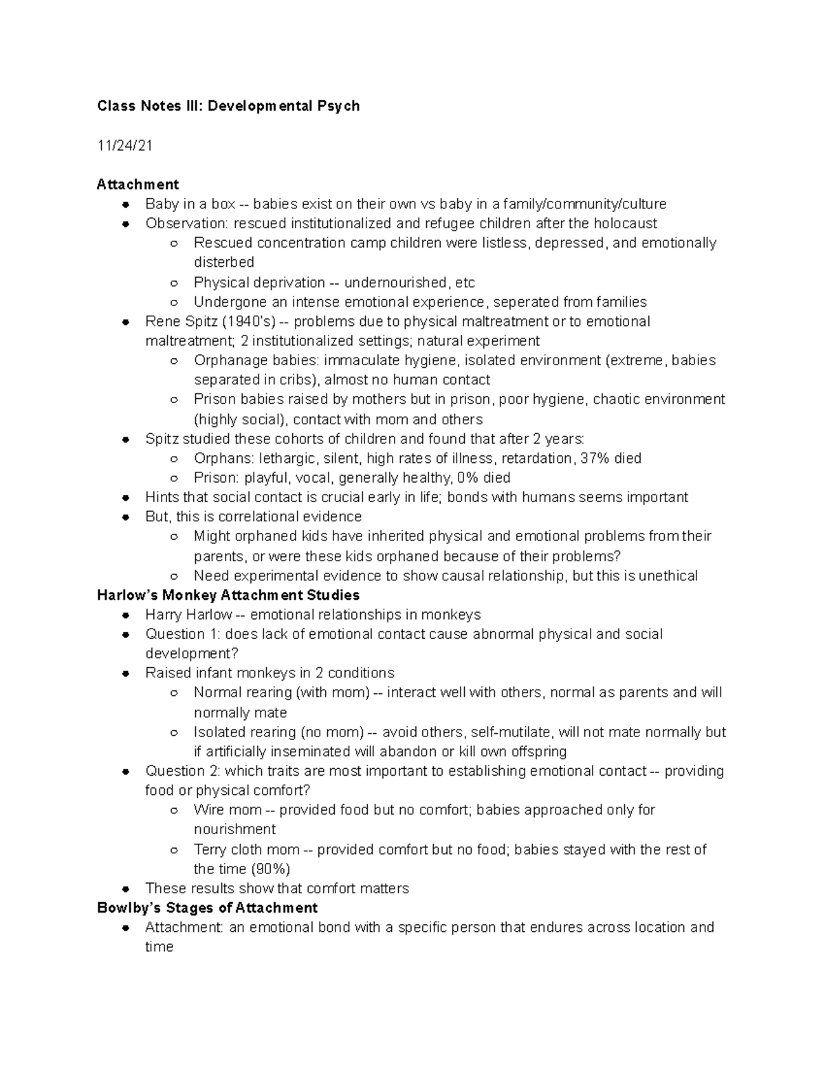 Class Notes Developmental Psych, part 3 - Class Notes III ...