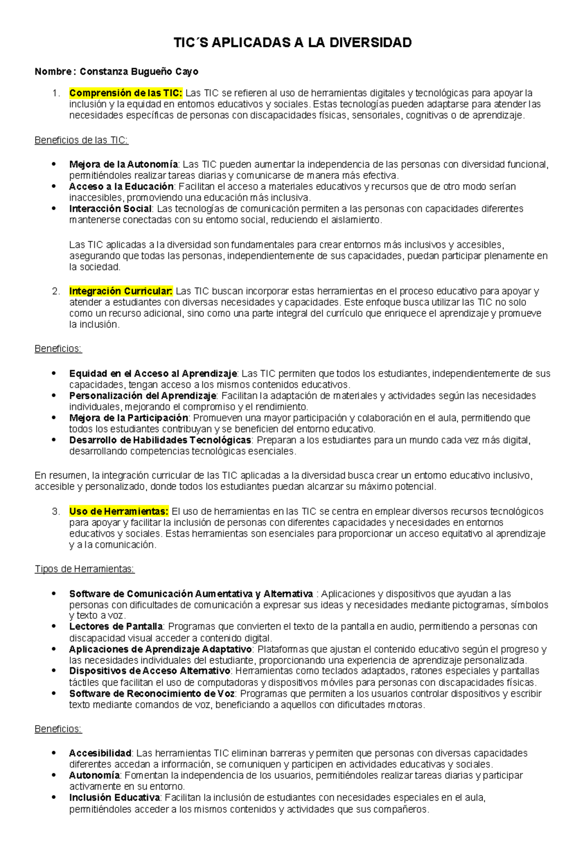 TIC - Tic ejercicios - TIC ́S APLICADAS A LA DIVERSIDAD Nombre : Constanza Bugueño Cayo 1. - Studocu