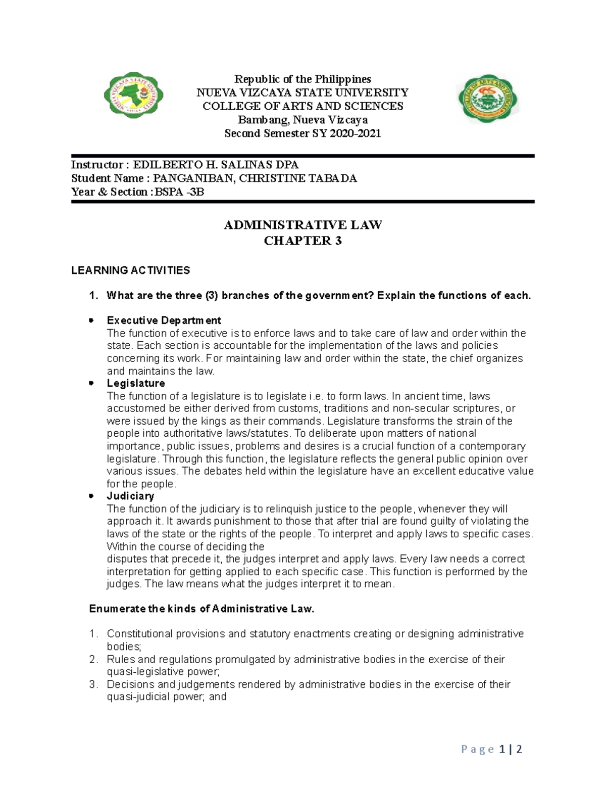 Chapter 3 admin law - Learning Activities, Assignments and Evaluations ...