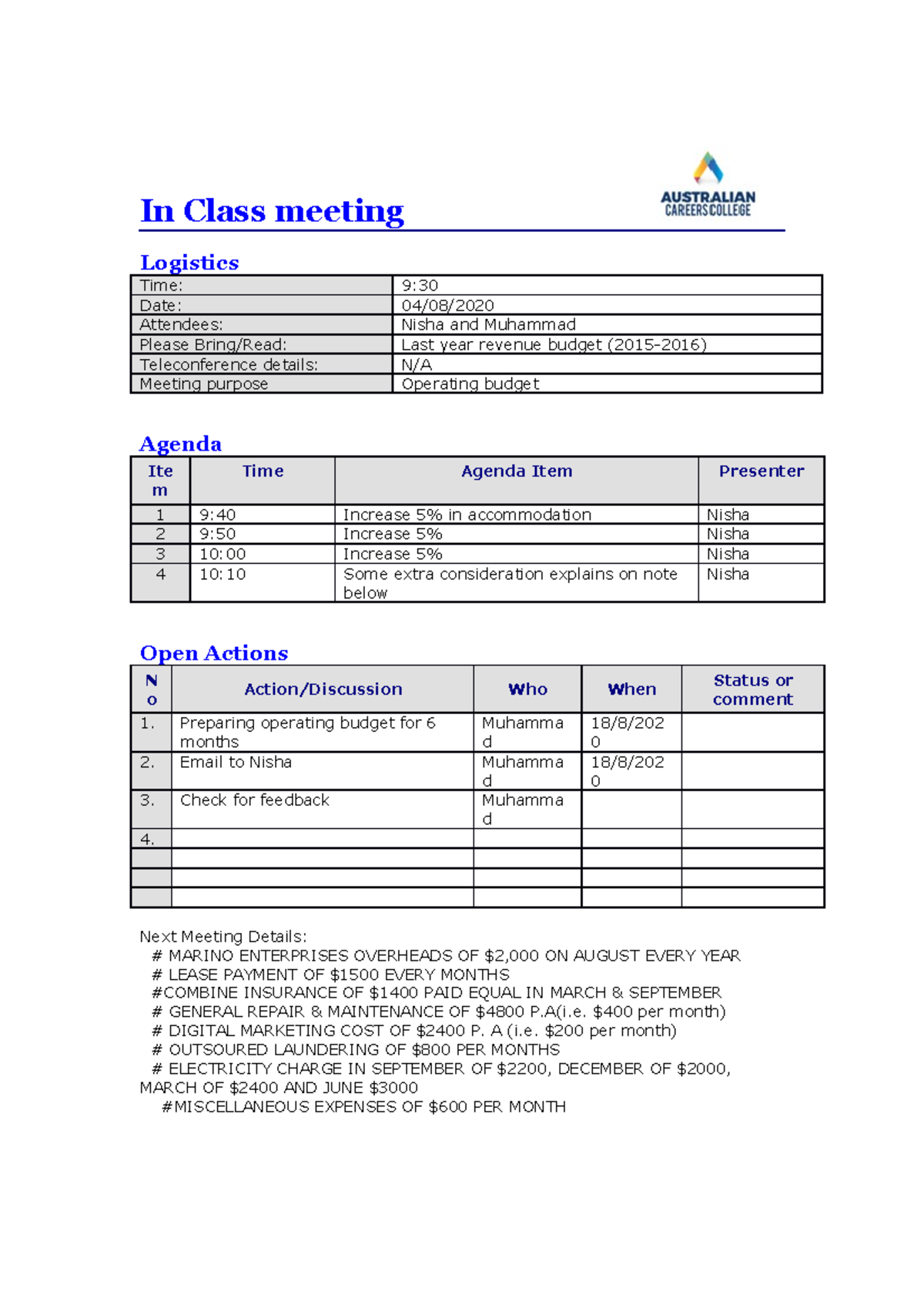 Marion Enterprises - Meeting Minutes Template - In Class meeting ...