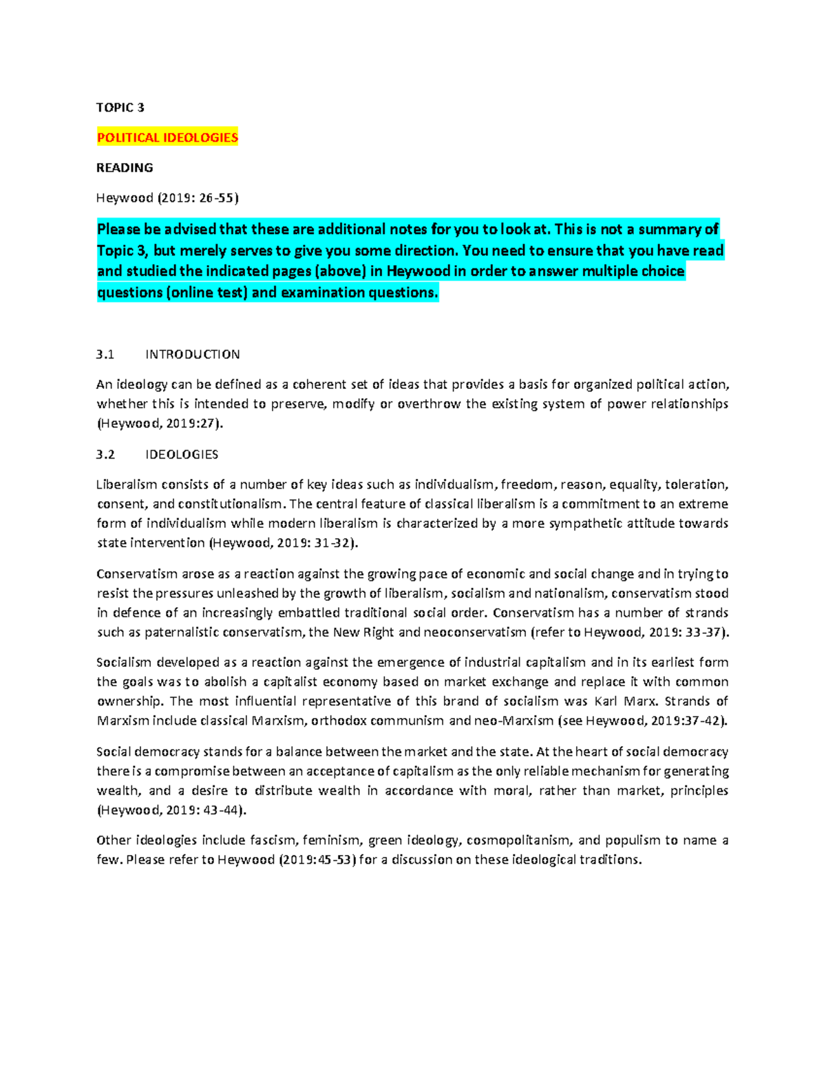 POG152 Topic 3 Additional notes - TOPIC 3 POLITICAL IDEOLOGIES READING ...