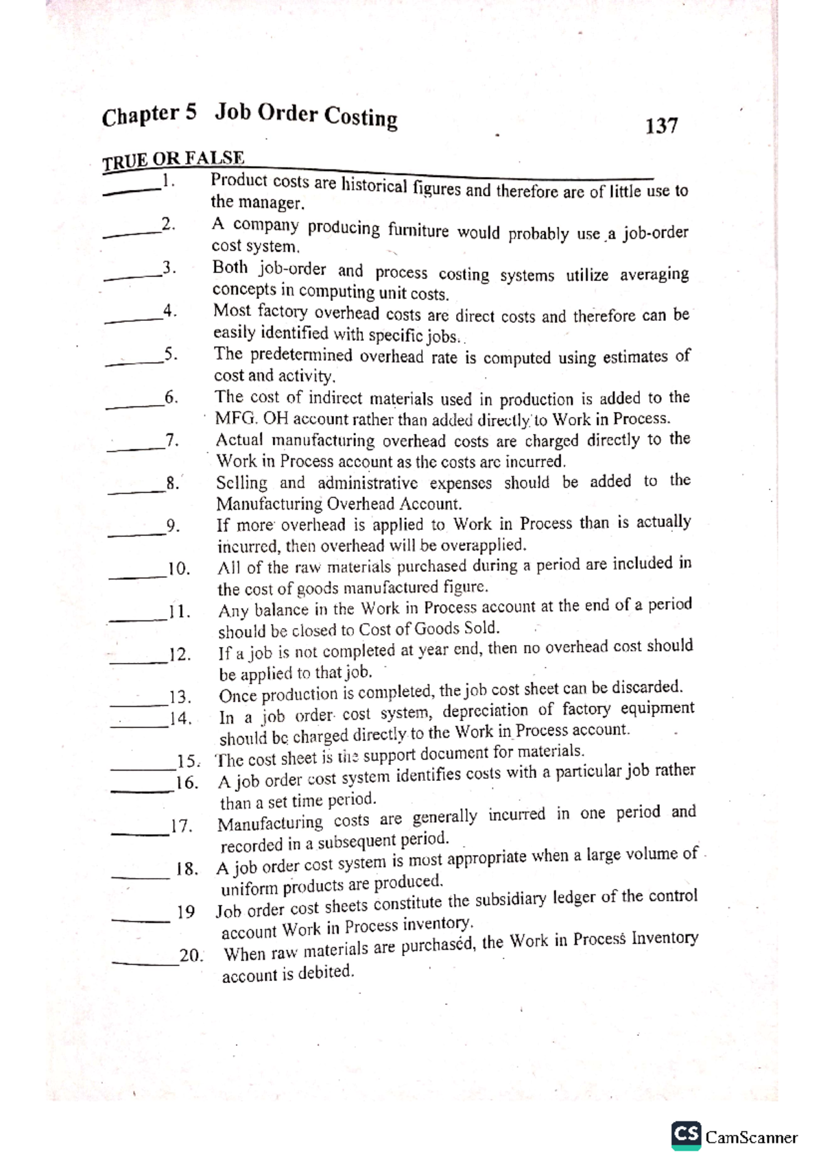 Chapter 5 True Or False Cost Accounting And Control 2019 Edition