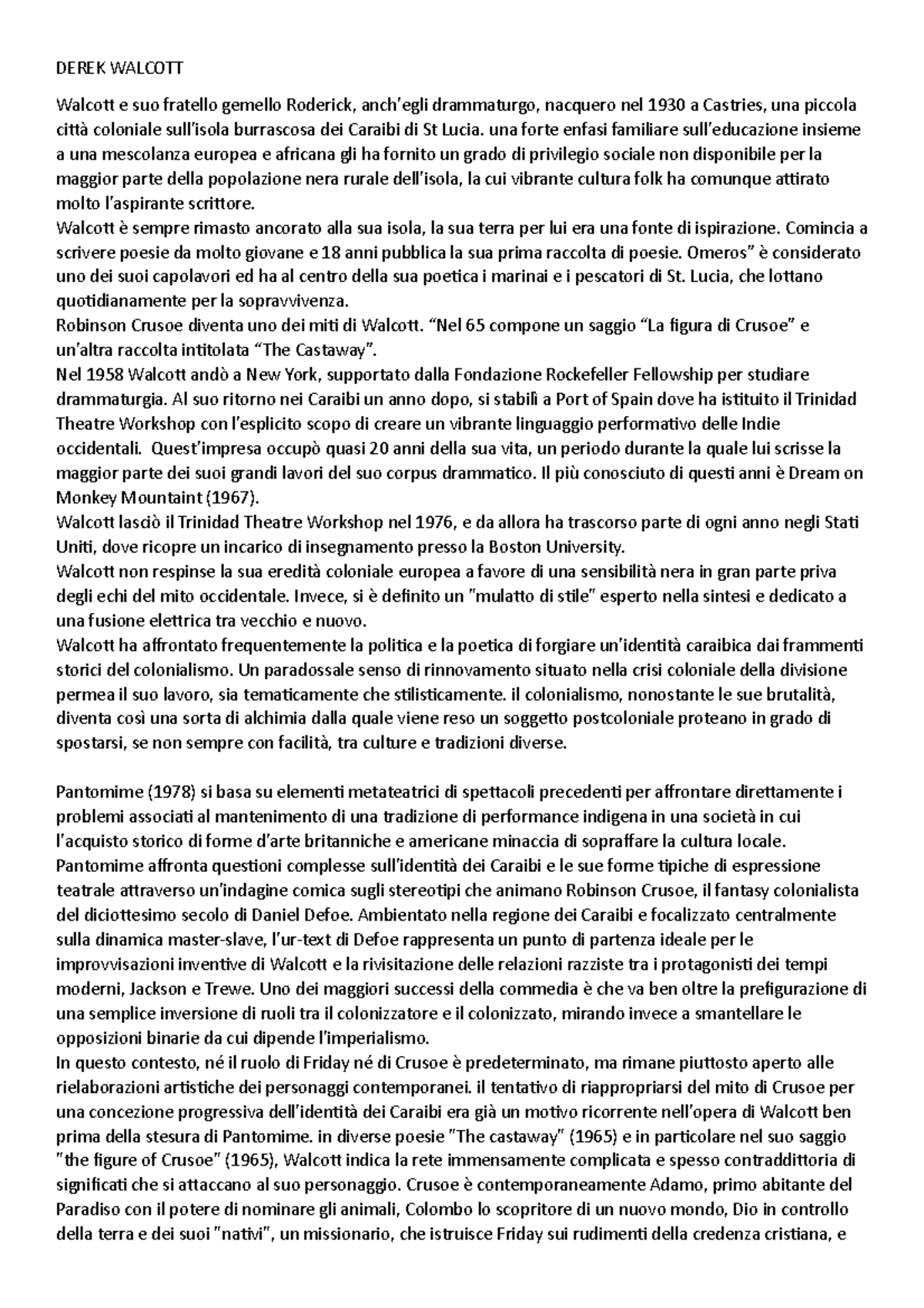 Riassunto Pantomime Derek Walcott - DEREK WALCOTT Walcott e suo ...