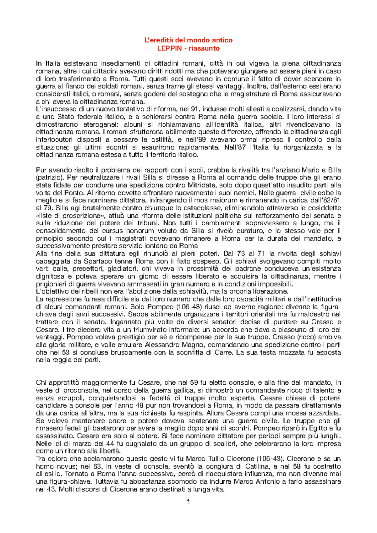 Storia Leppin - Riassunto L'eredità del mondo antico - L’eredità del ...