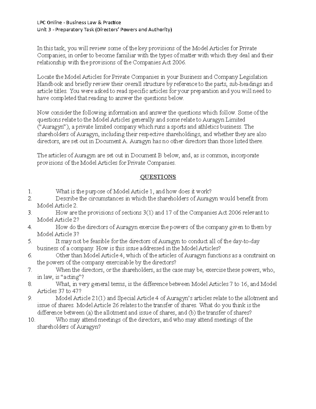 PREPARATORY TASK - Unit 3 - Preparatory Task (Directors’ Powers and ...