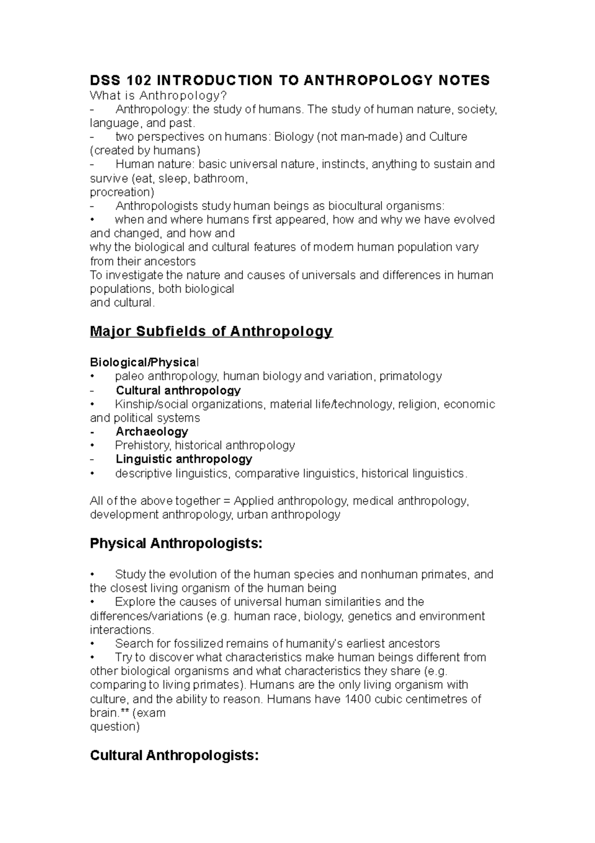 DAS 102 Introduction TO Anthropology Notes - DSS 102 INTRODUCTION TO ...