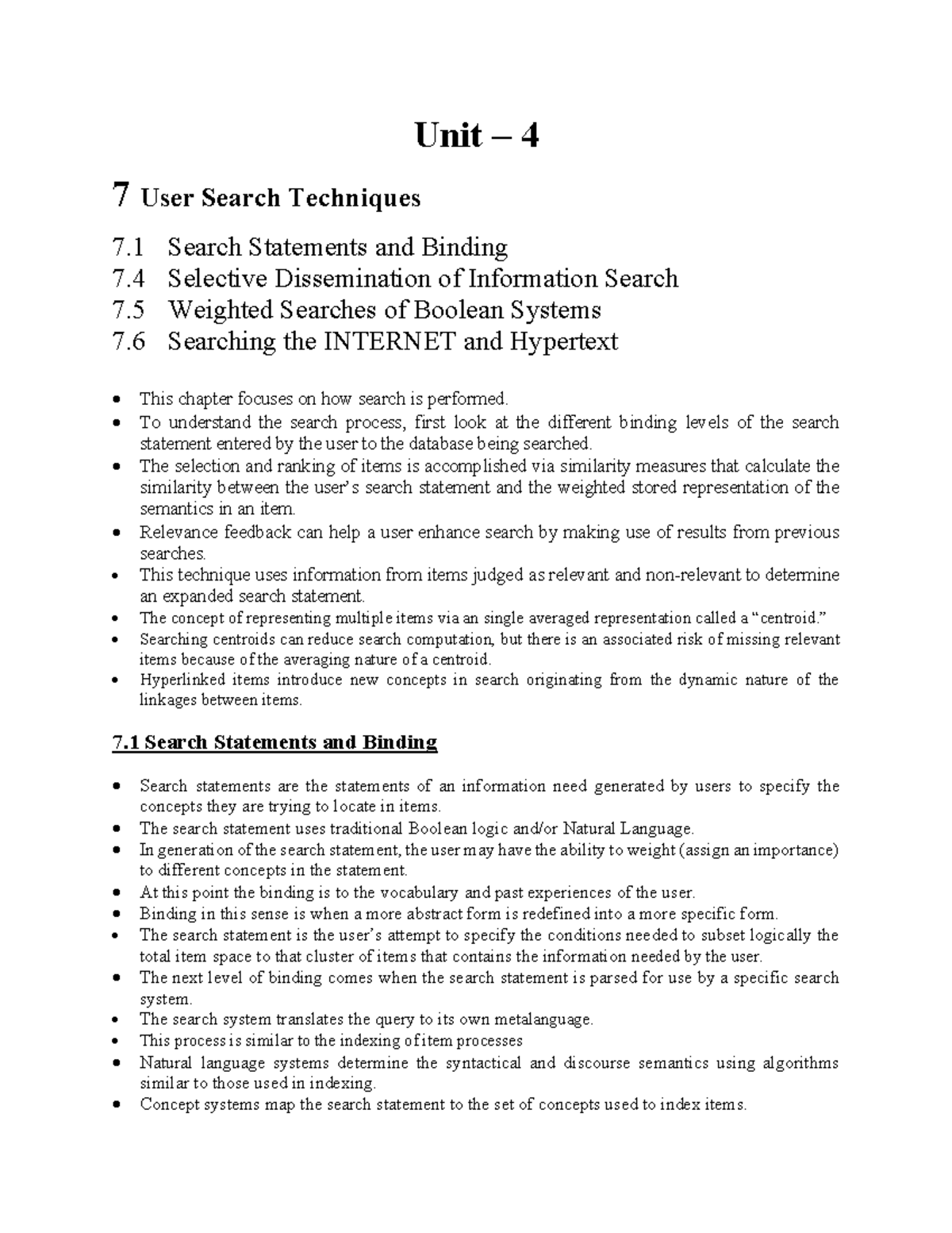 UNIT 4 Notes IRS - Unit – 4 7 User Search Techniques 7 Search ...