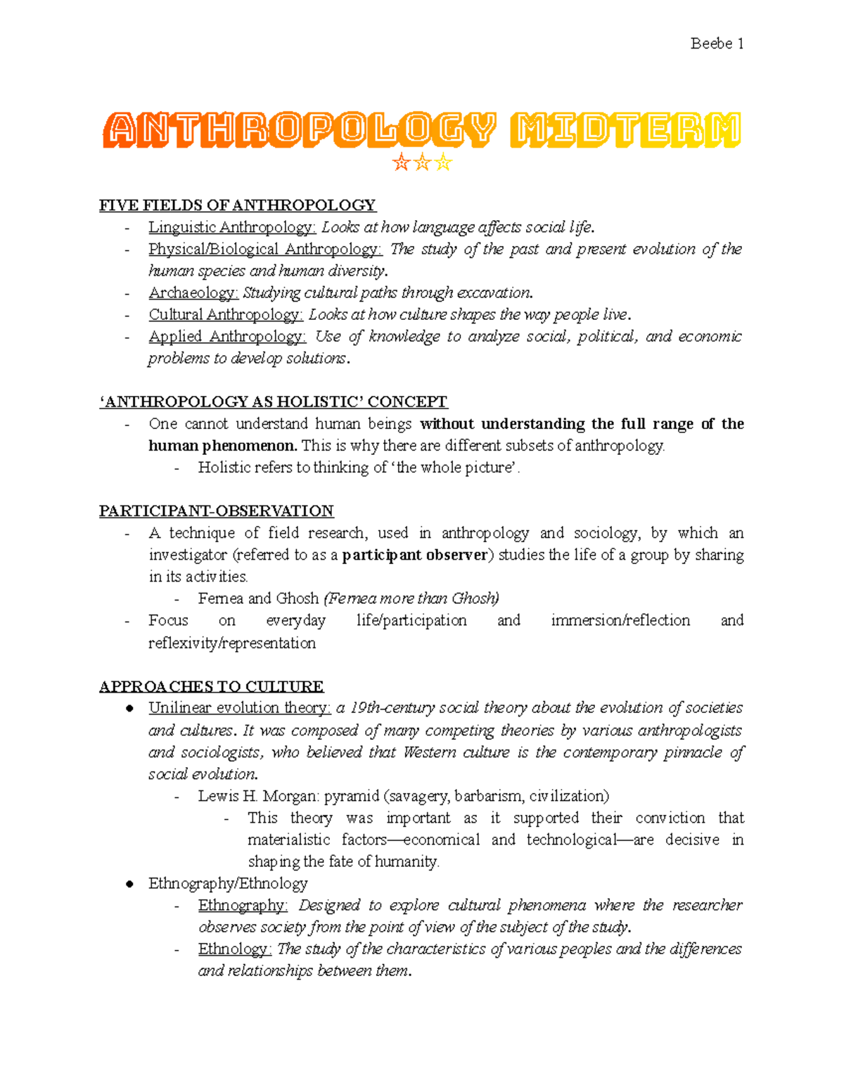 Anthropology Midterm - Anthropology Midterm - FIVE FIELDS OF ANTHROPOLOGY Linguistic - Studocu