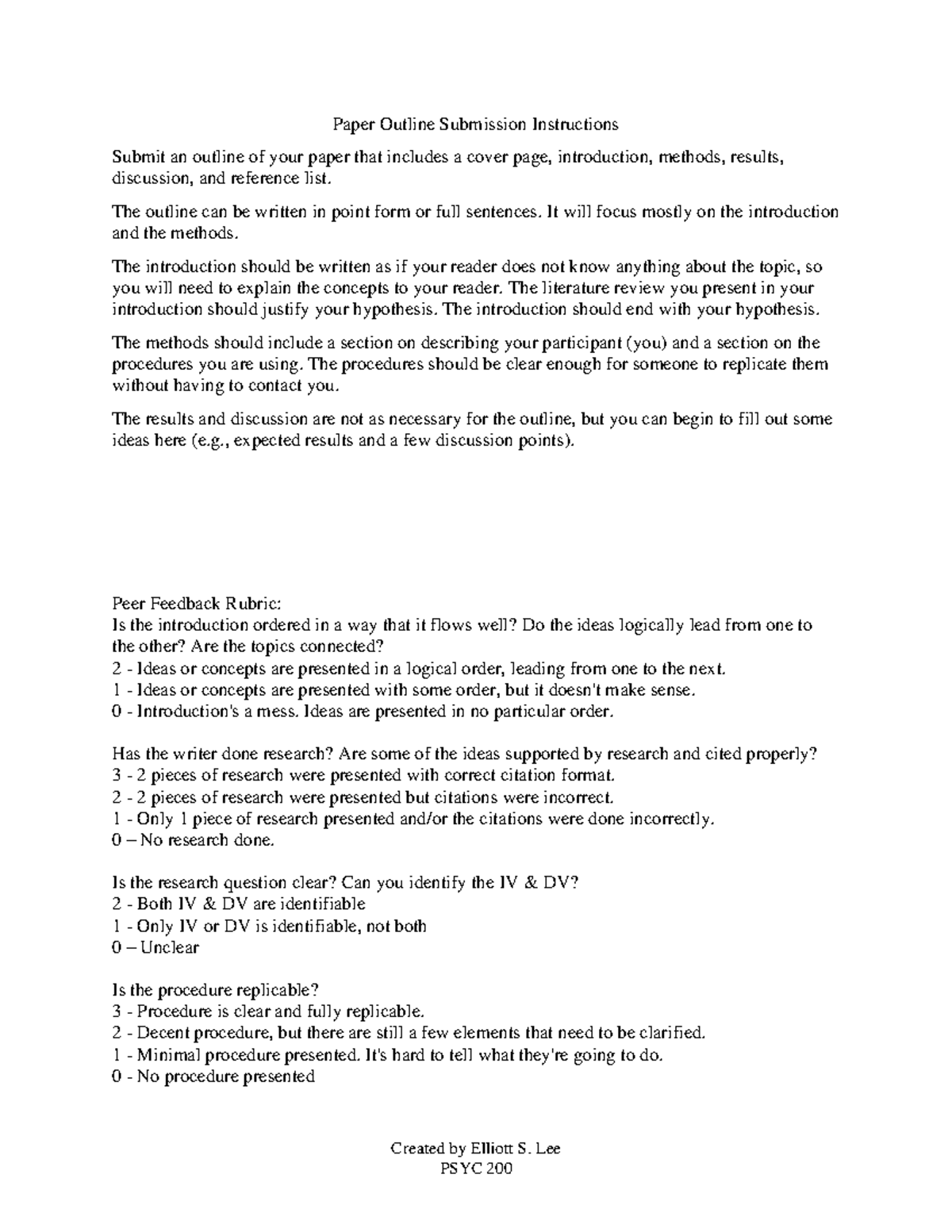 3a - Paper Outline Submission Instructions - Created by Elliott S. Lee ...