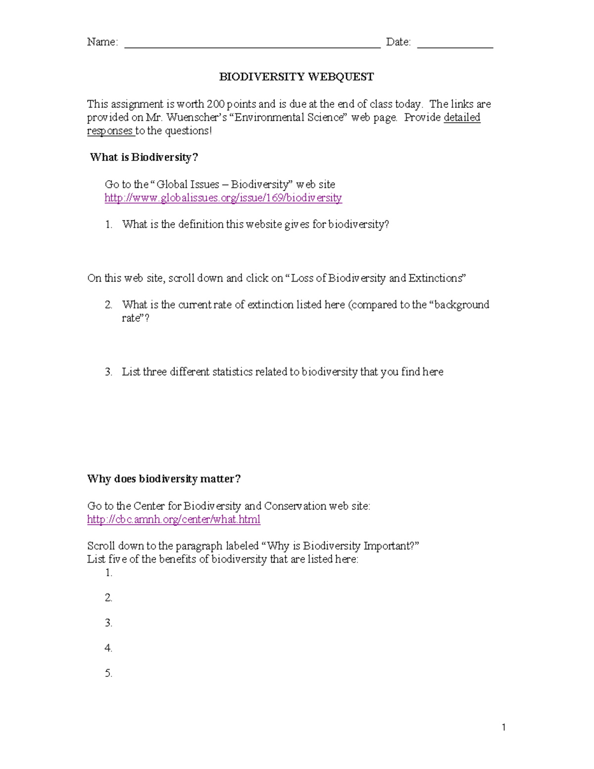 Biodiversity Webquest - Name ...