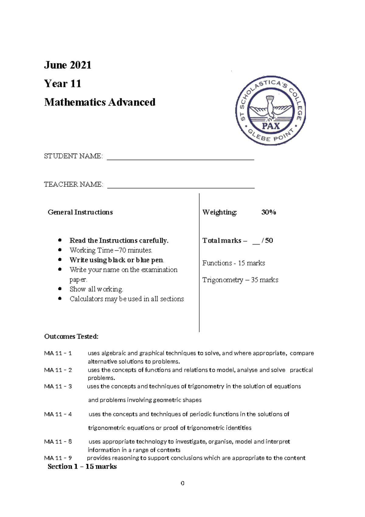2021 Maths Advanced Task 2-1 - June 2021 Year 11 Mathematics Advanced ...