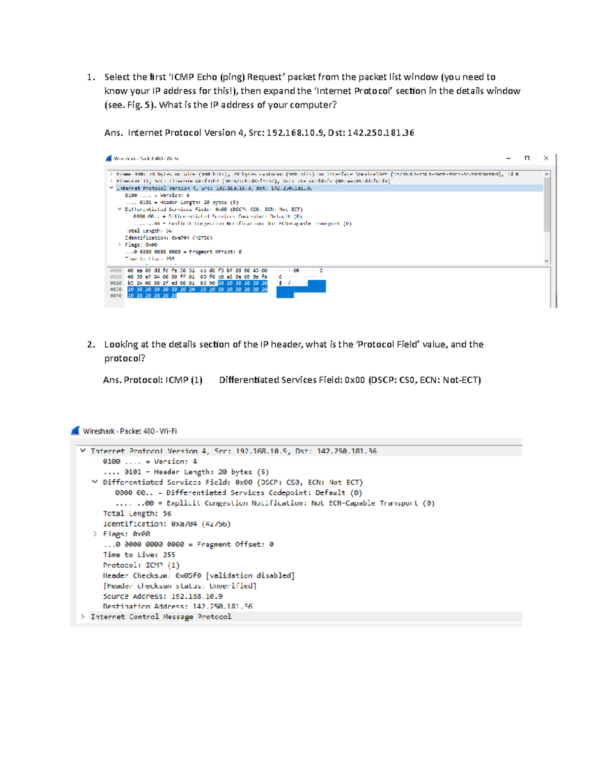 Wireshark IP Task - Select the first ‘ICMP Echo (ping) Request’ packet from the packet list ...