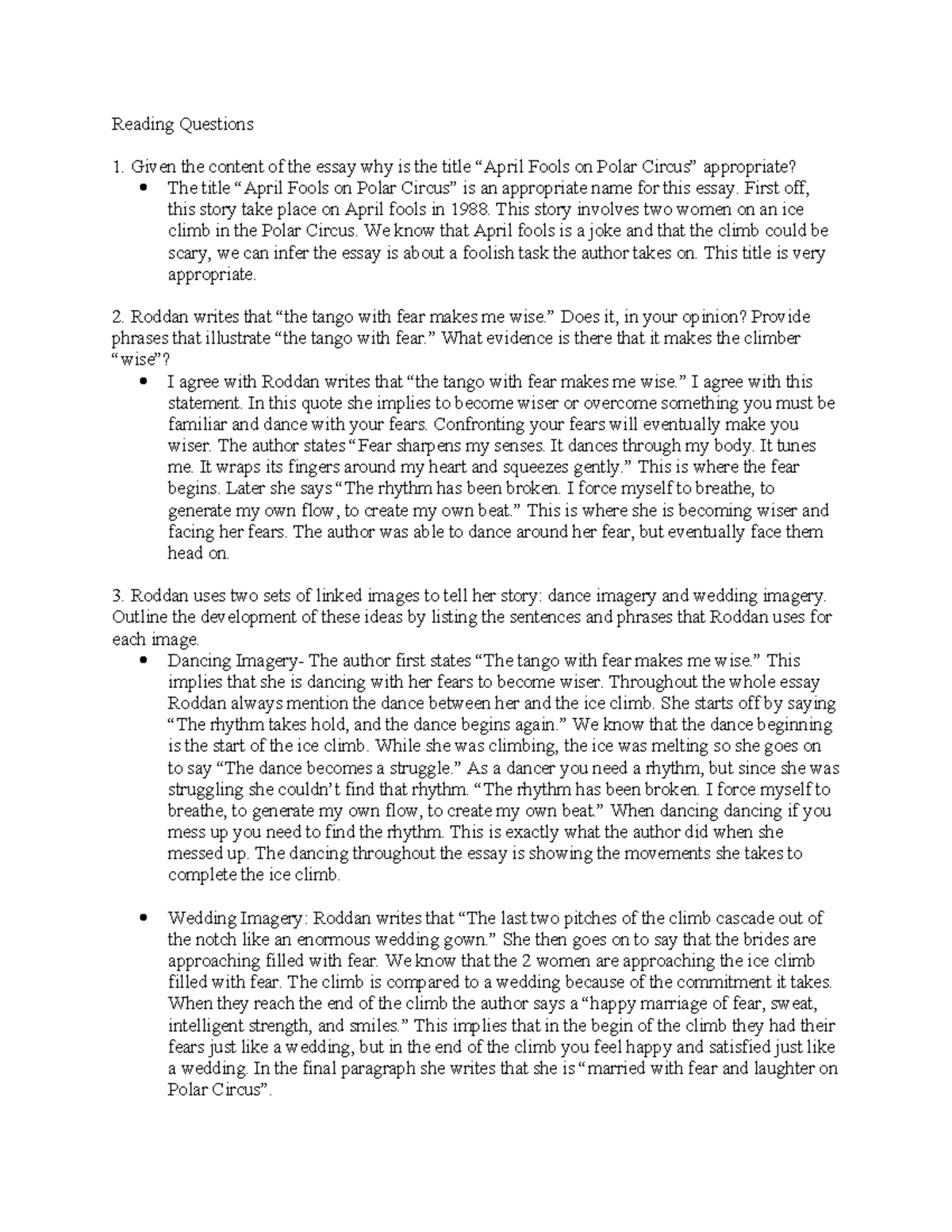 Questions on April Fools on Polar Circus - Reading Questions Given the ...