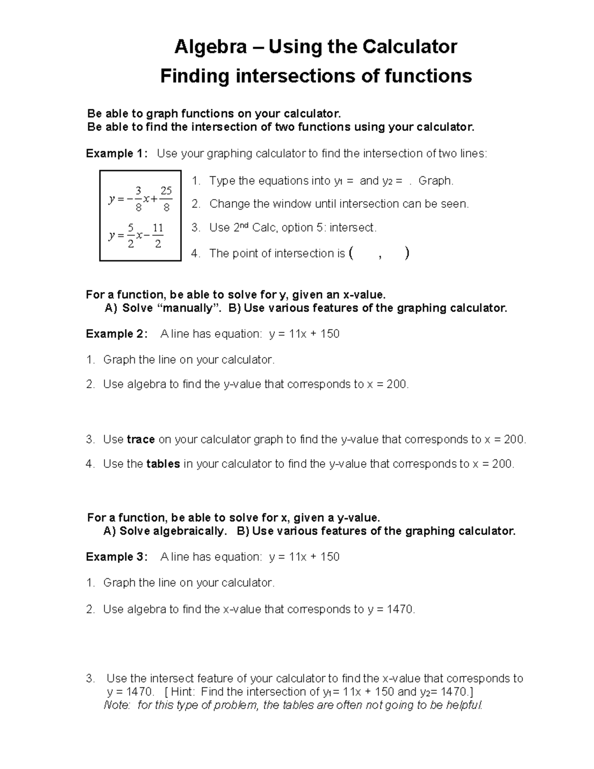 0324 Notes - Algebra - I - Algebra – Using the Calculator Finding ...