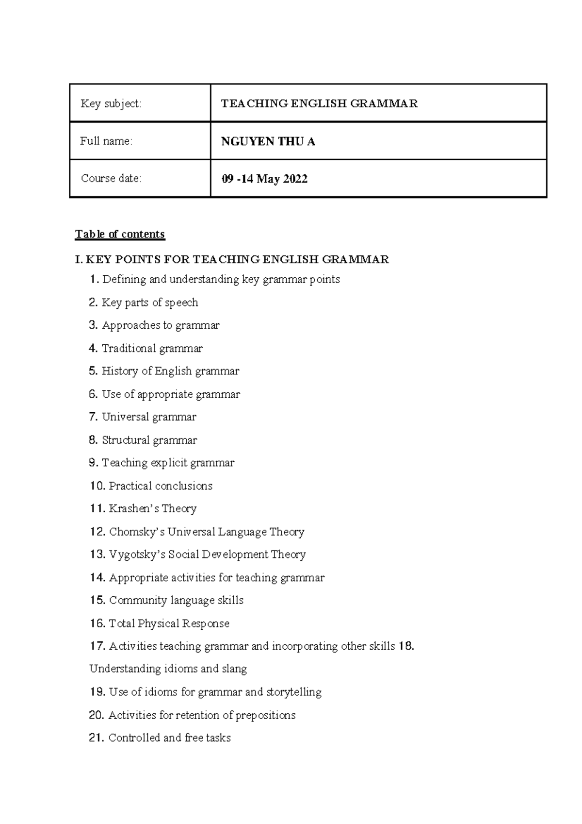 Sample - Teaching English Grammar - Key subject: TEACHING ENGLISH ...