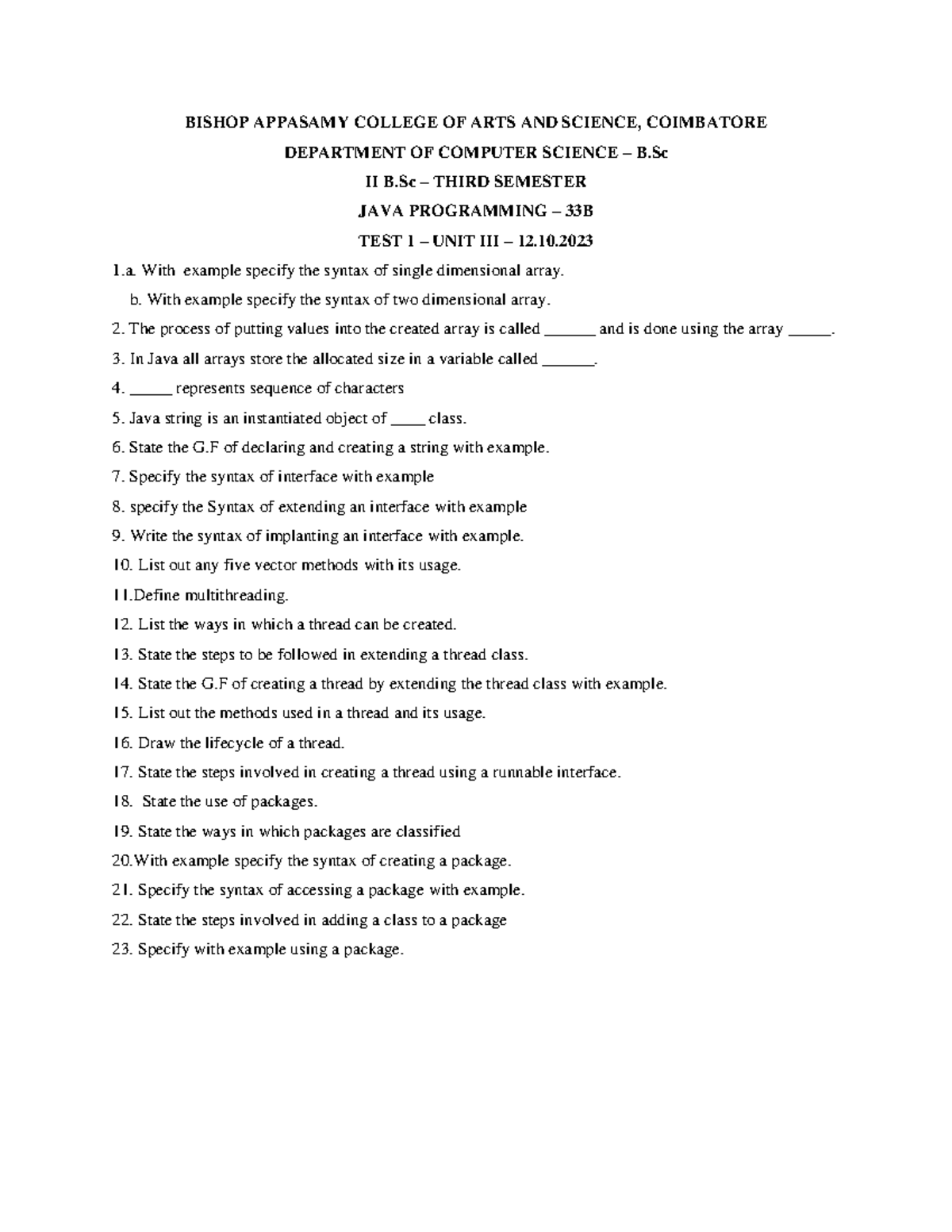Java Test 2 Unit 3 Java Programming Bishop Appasamy College Of Arts And Science Coimbatore