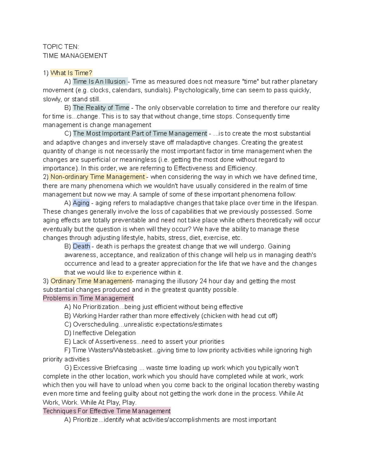 Psych 131 topic ten - TOPIC TEN: TIME MANAGEMENT What Is Time? A) Time ...