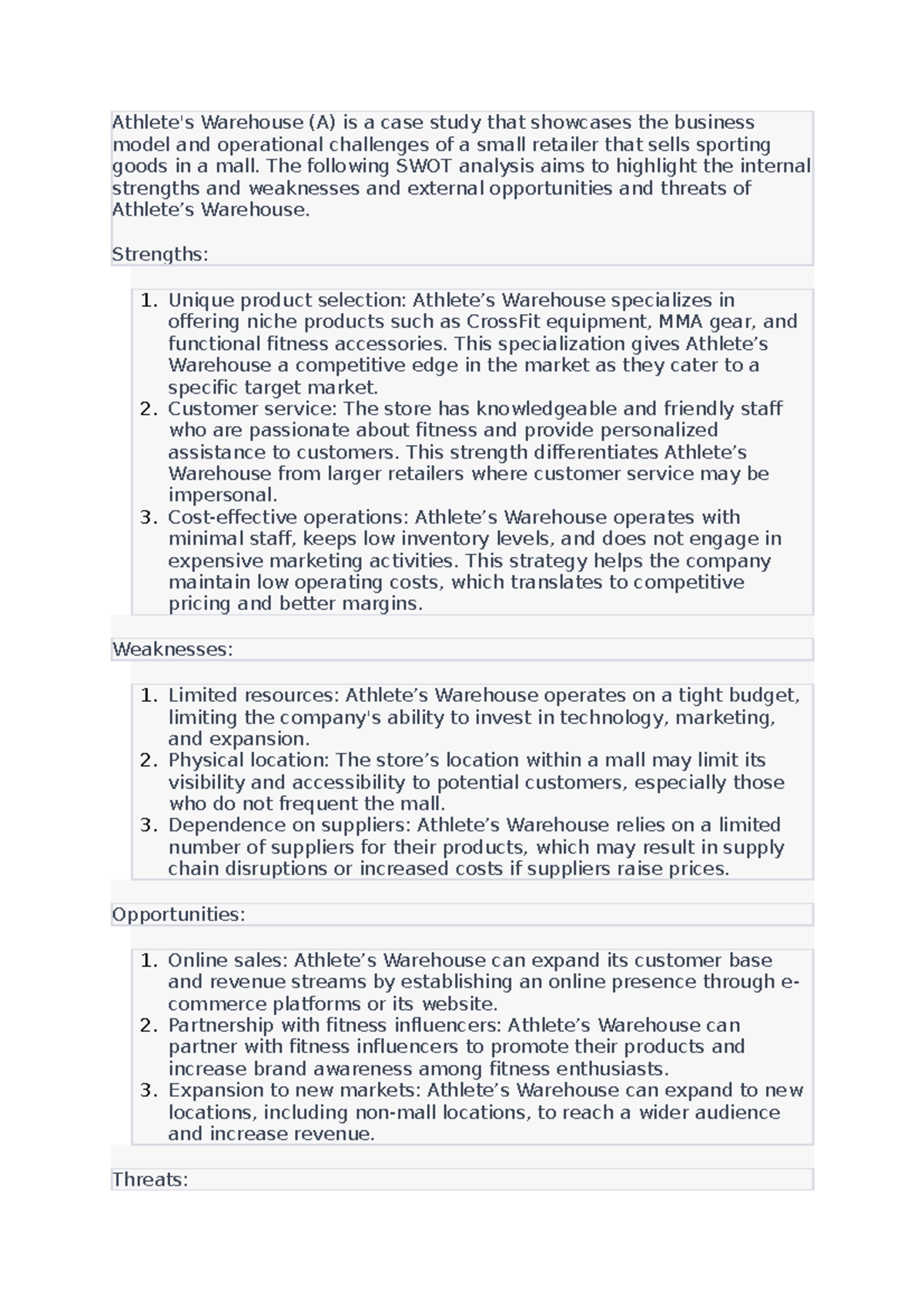 SWOT - swot - Athlete's Warehouse (A) is a case study that showcases ...