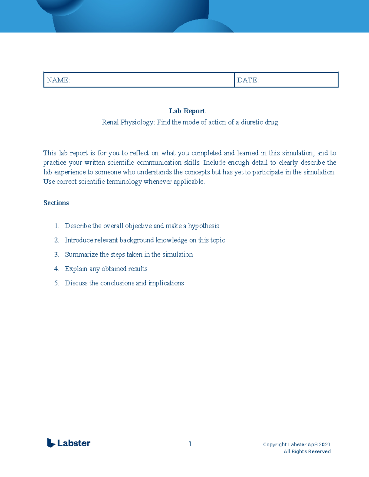 Lab Report Renal Physiology Find the mode of action of a diuretic drug ...