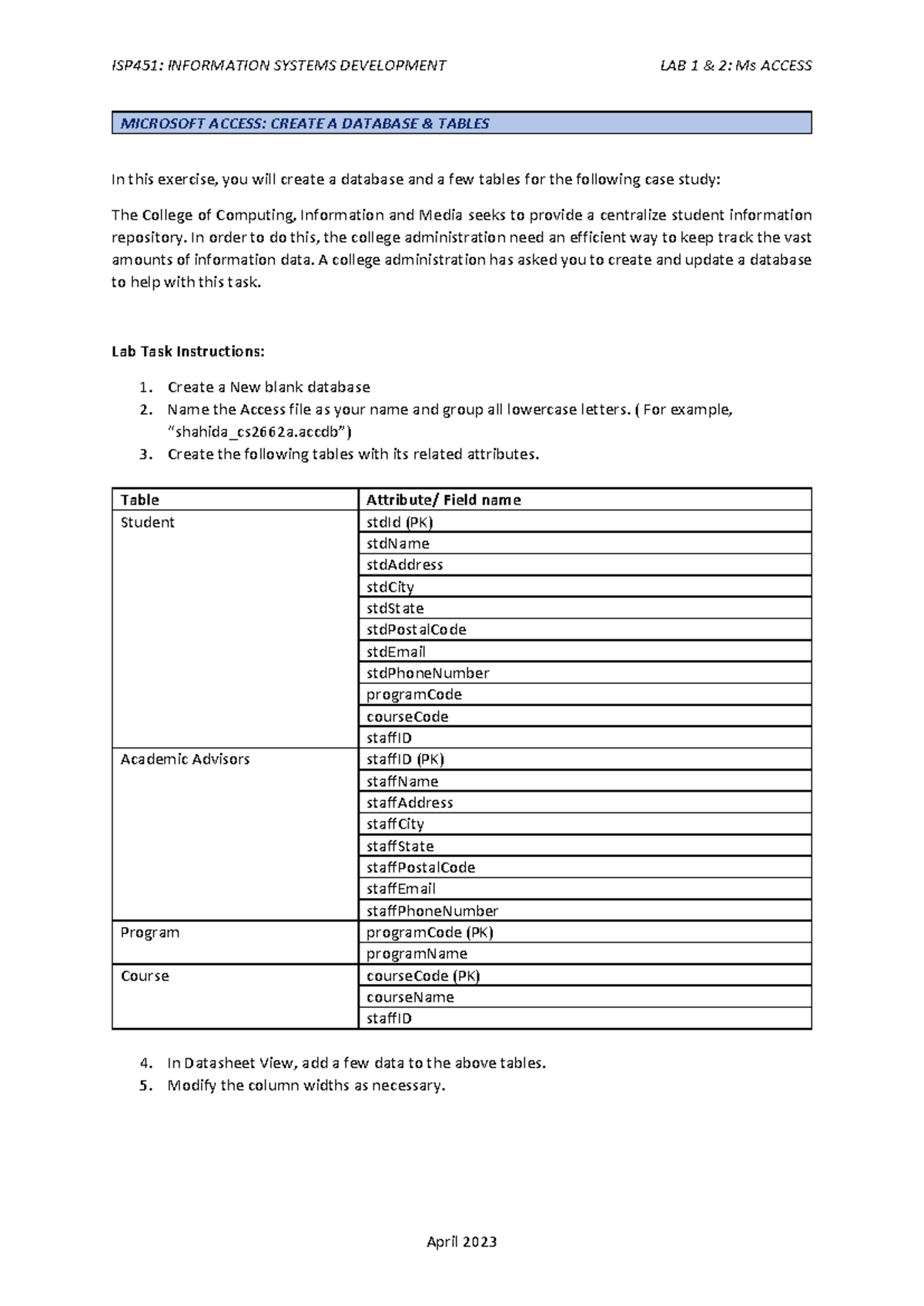 Lab W1 & W2 Creating Database and Tables - ISP451: INFORMATION SYSTEMS ...