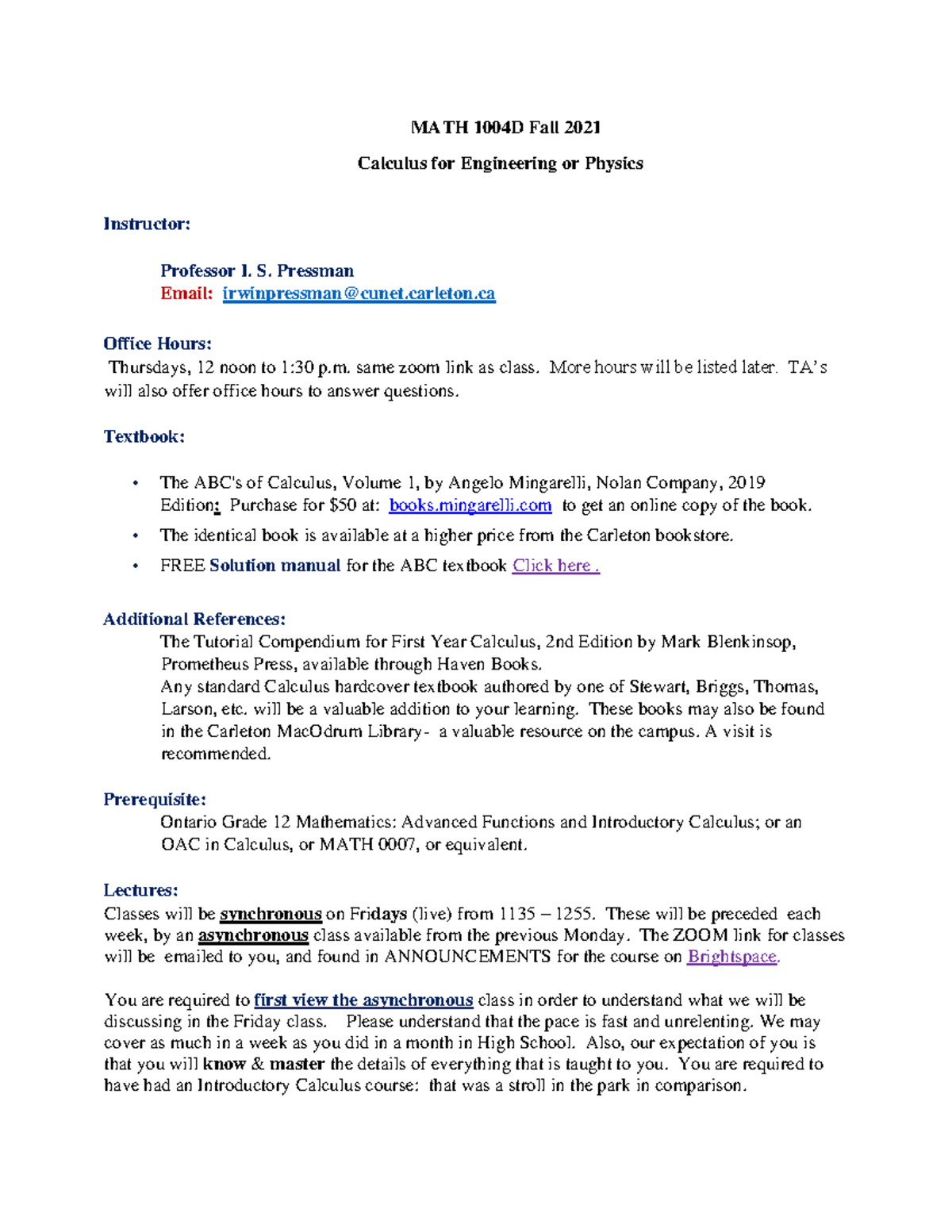 Course Outline MATH 1004D F21 - MATH 1004D Fall 2021 Calculus for ...