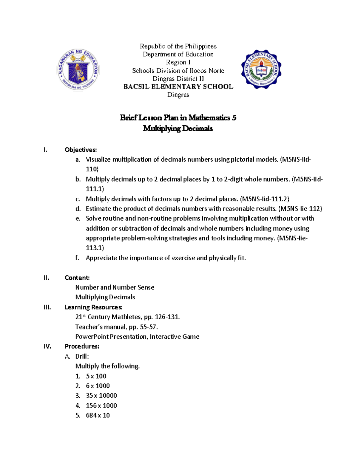 DLP Grade 5 Mathematics - Republic of the Philippines Department of ...