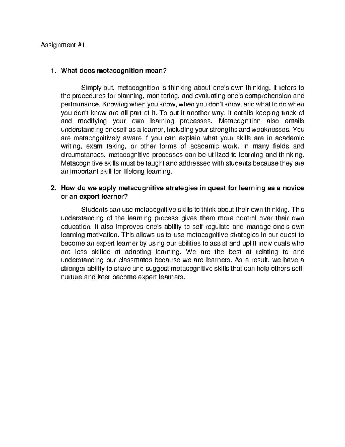 Assignment #1 - All about what is metacognition. - Assignment # 1. What ...