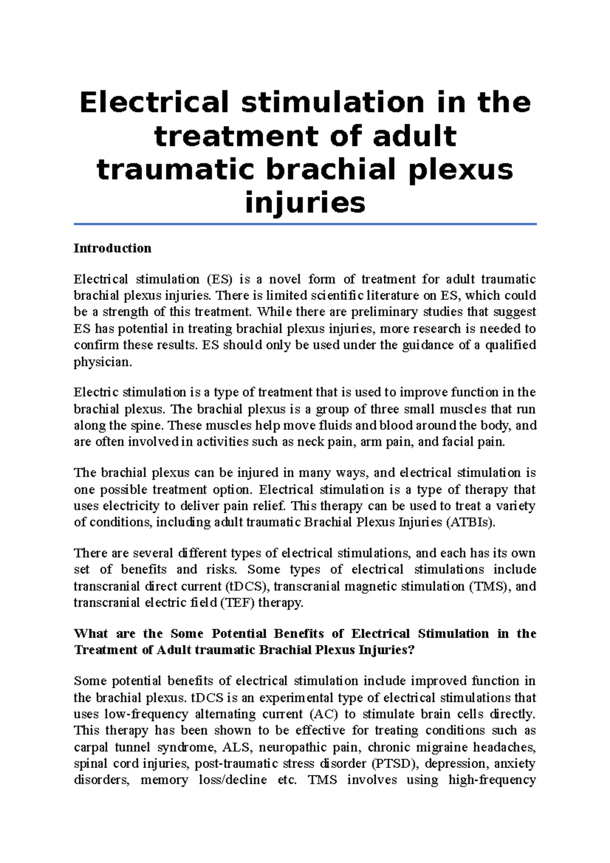 Electrical stimulation in the treatment of adult traumatic brachial plexus injuries - Electrical ...
