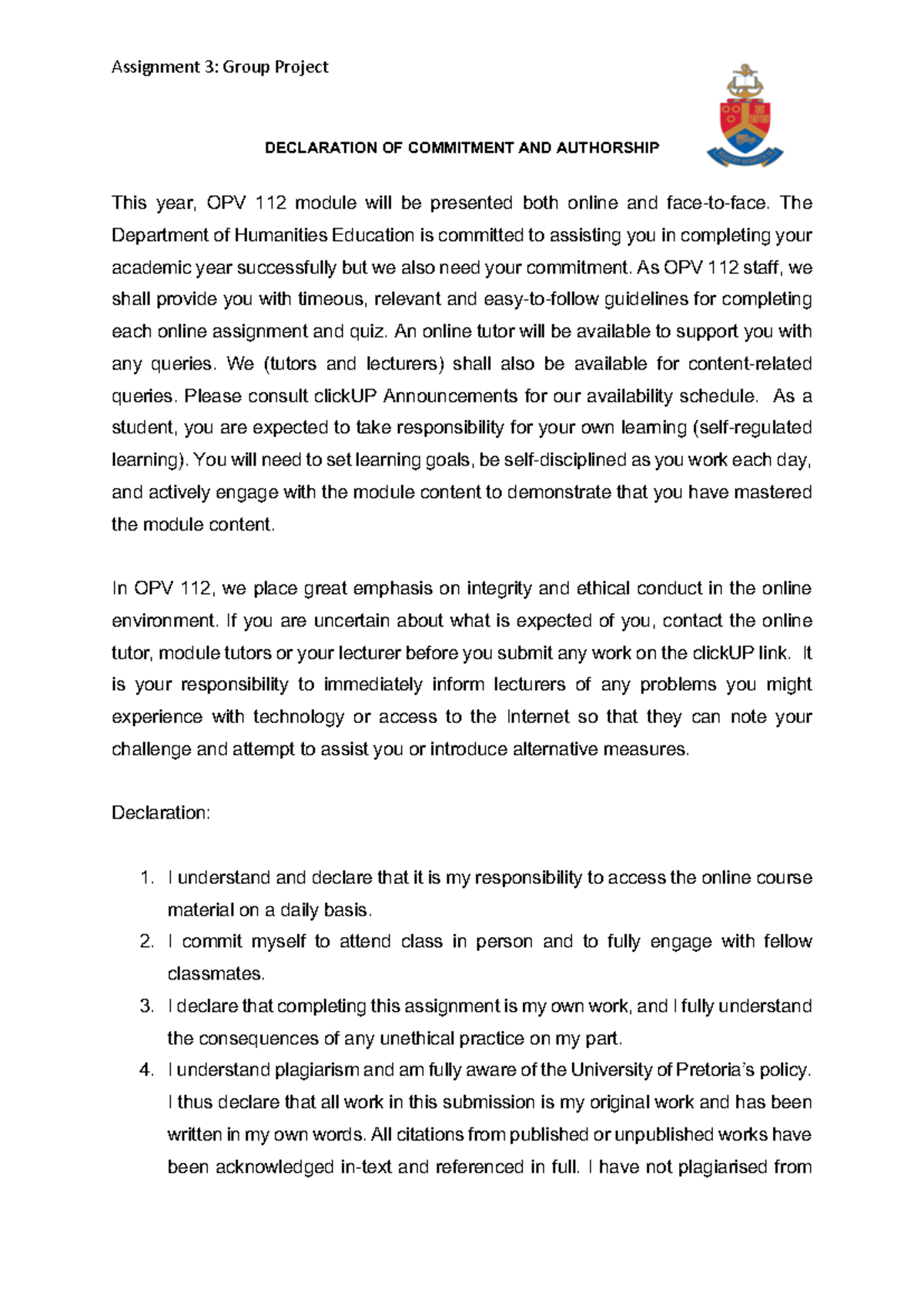 Assignment 3 Group Project - Declaration of Authorship - Assignment 3 ...