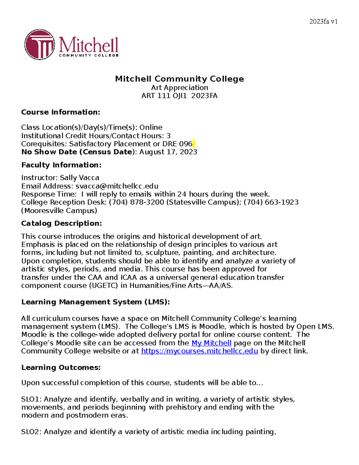 Art 111 Syllabus and Course Schedule - Mitchell Community College Art ...