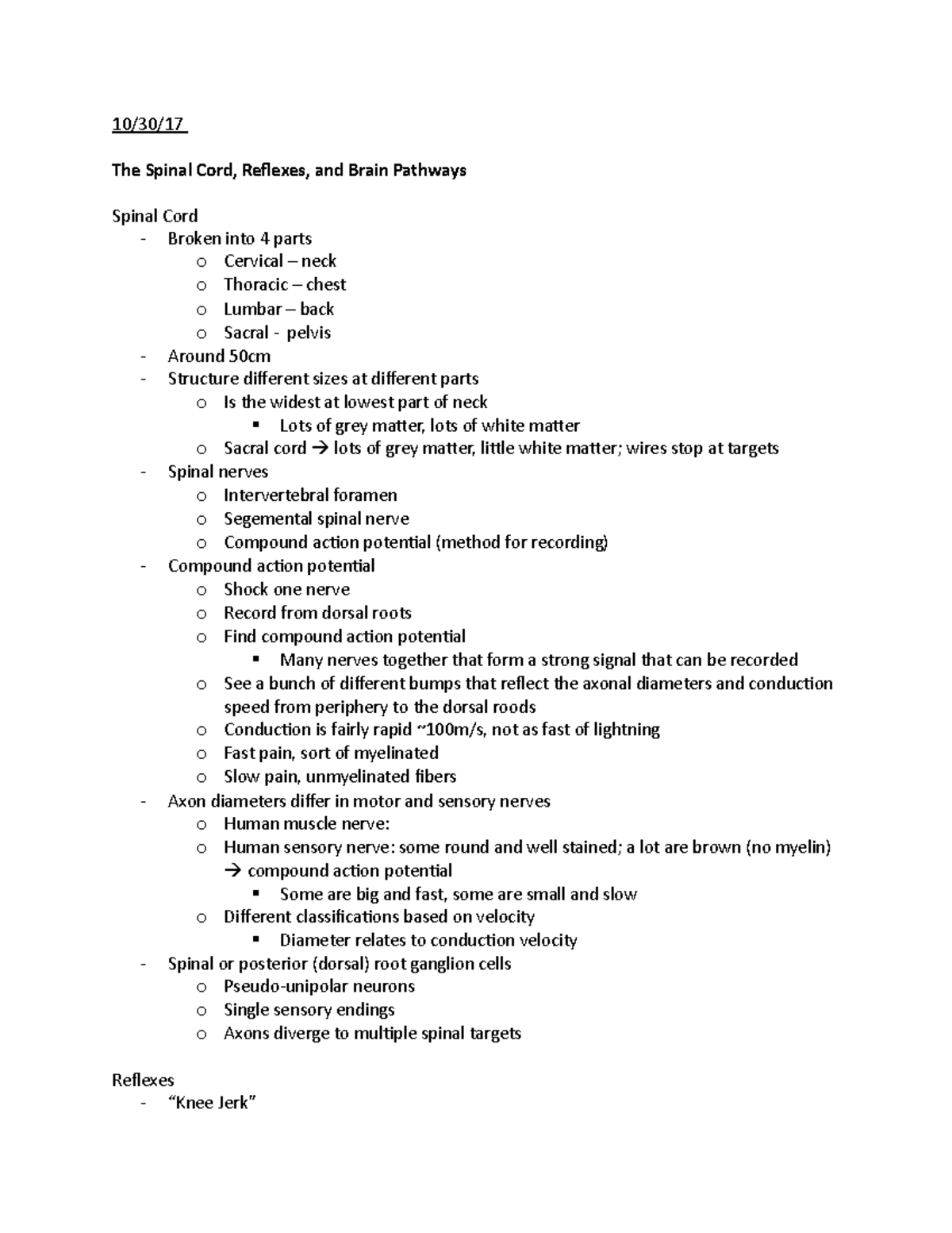 Part II - Part I Lecture Notes - 10/30/17 The Spinal Cord, Reflexes ...