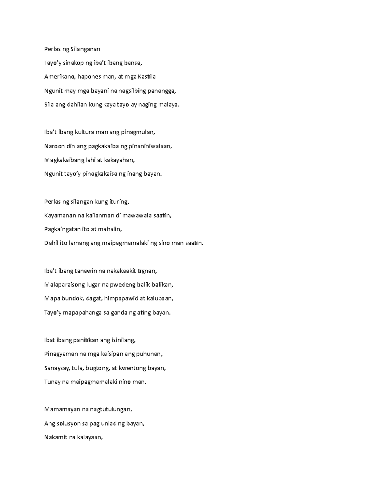 TULA PARA SA Bayan - Learning - Perlas ng Silanganan Tayo’y sinakop ng ...