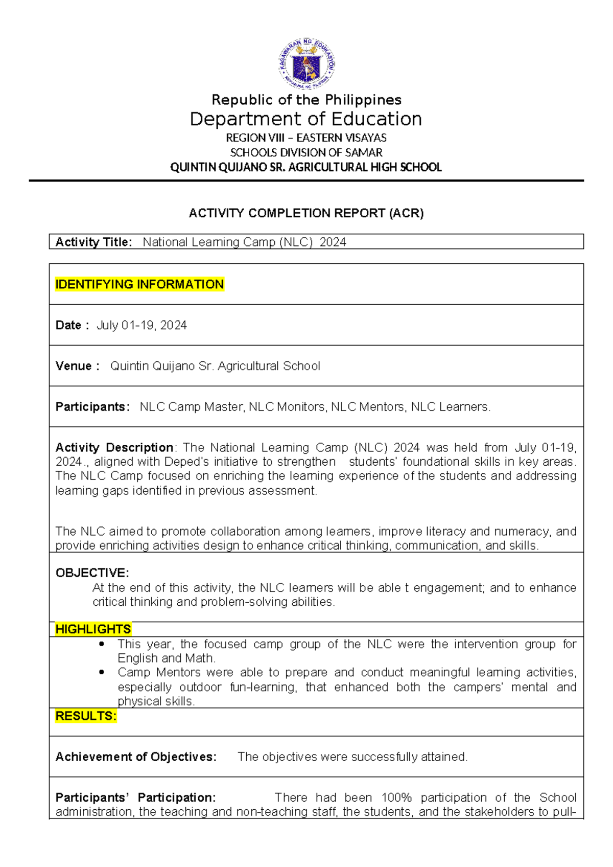 NLC-ACR-24 - Accomplishment - Department of Education REGION VIII ...
