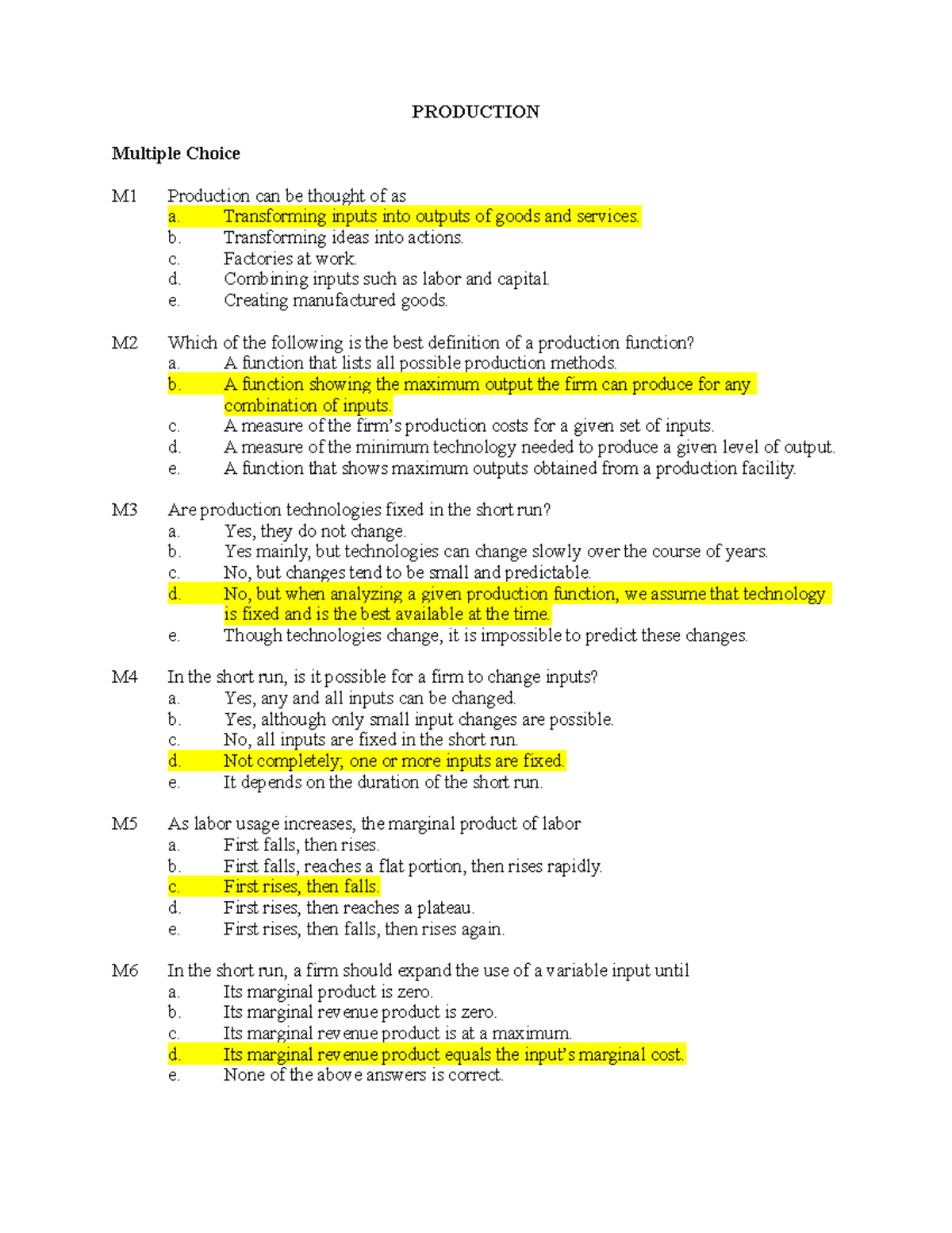 Assignment 4 - Production - PRODUCTION Multiple Choice M1 Production ...