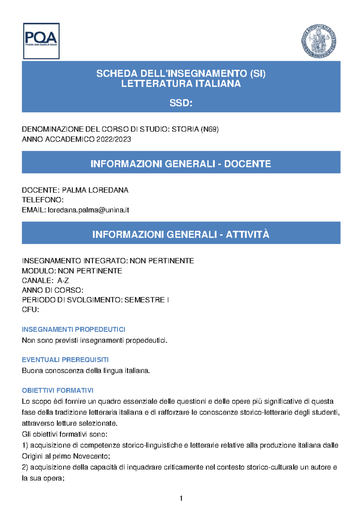 Scheda Insegnamento Palma Loredana Letteratura Italiana Storia Corso ...