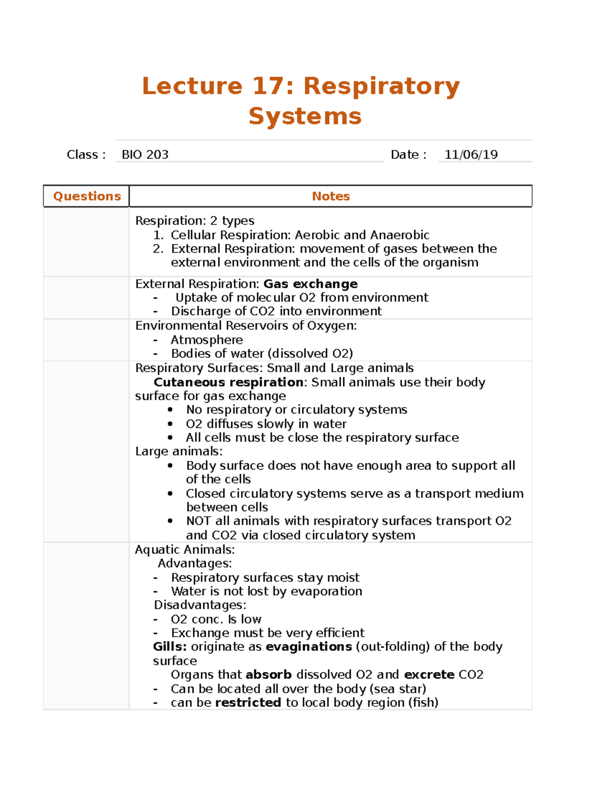 Lecture 17 respiratory systems - Lecture 17: Respiratory Systems Class ...
