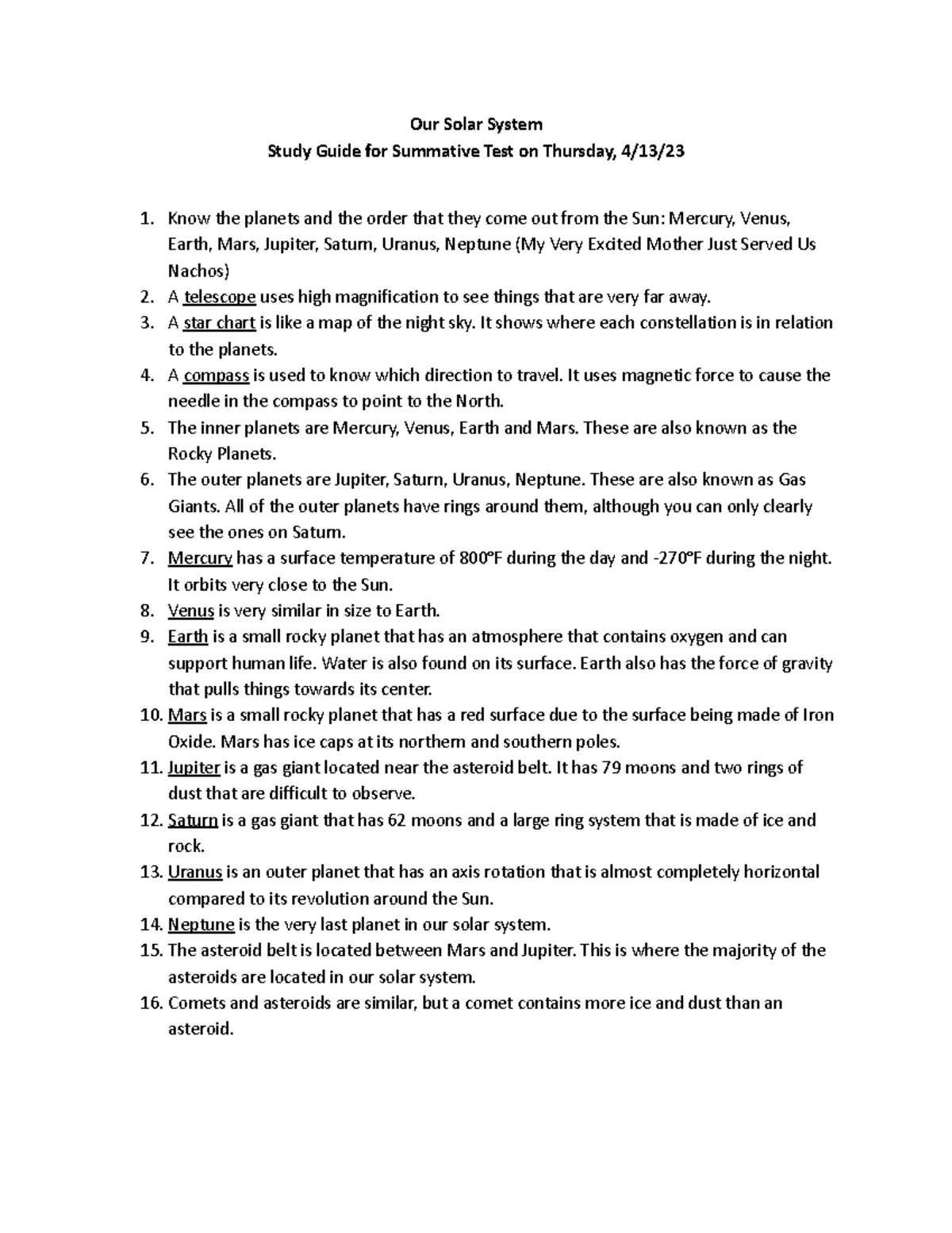 Our Solar System Study Guide - Our Solar System Study Guide for ...