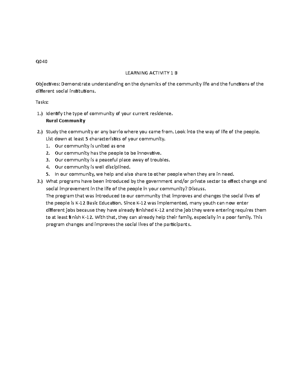 Module 4 - Learning Activity 1b - Q LEARNING ACTIVITY 1 B Objectives ...